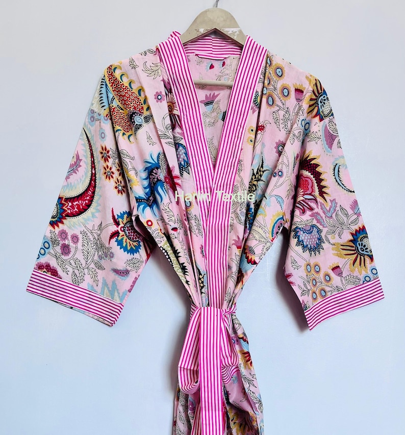 Hand Block Print Cotton Kimono Robe - Pink Floral Dressing Gown ...