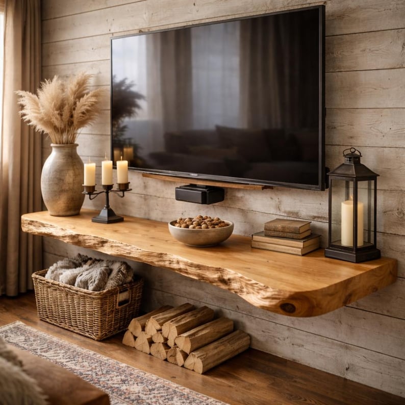 Live Edge Oak Floating TV Stand – Rustic Solid Wood Wall Mounted TV ...