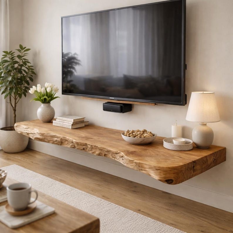 Live Edge Oak Floating TV Stand – Rustic Solid Wood Wall Mounted TV ...