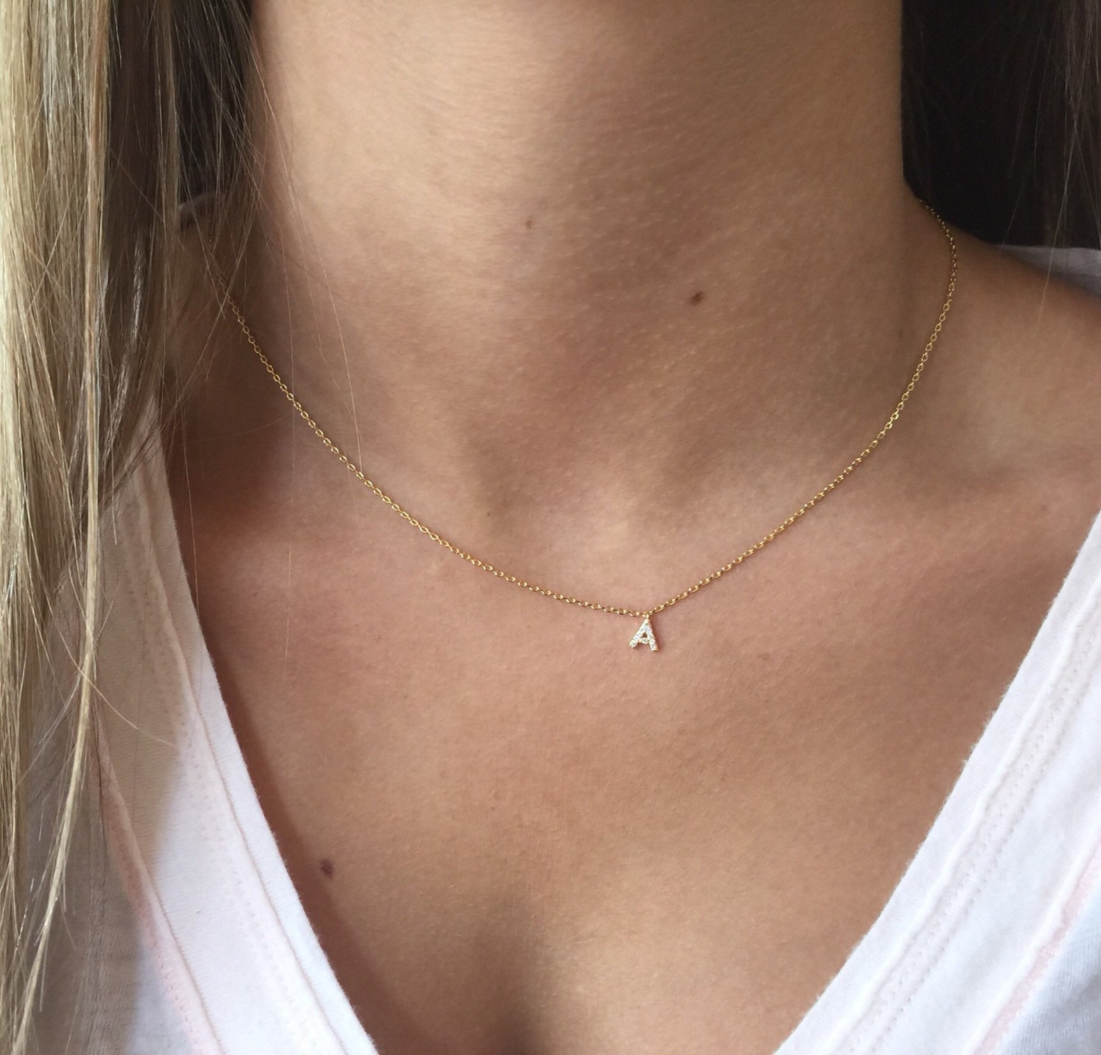 Pavé Initial Necklace, 18k Gold Plated, Silver Plated, Dainty Necklace ...