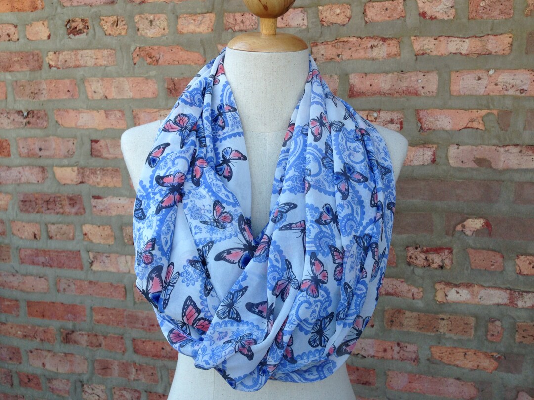 Blue Butterfly Print Scarf, Infinity Scarf, Spring Scarf, Women's Scarf ...