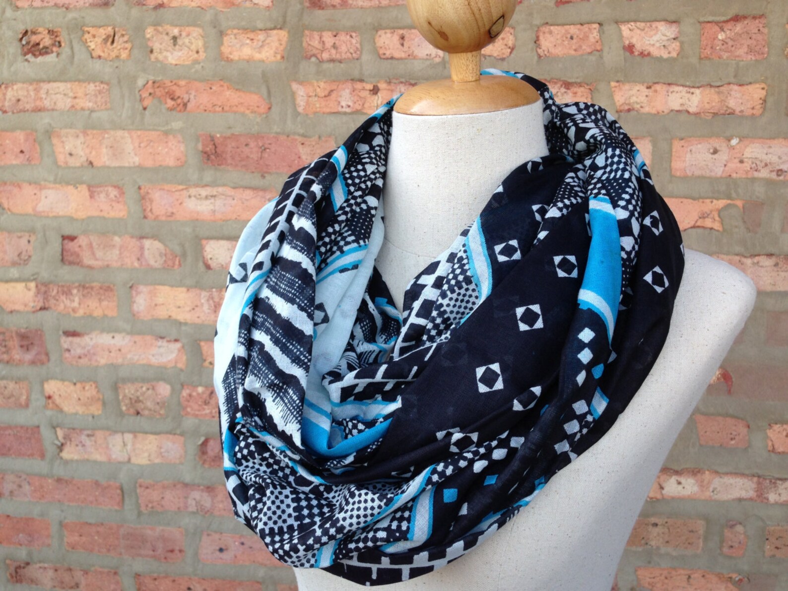 Square and Stripe Print Scarf in Blue Infinity Scarf Spring | Etsy