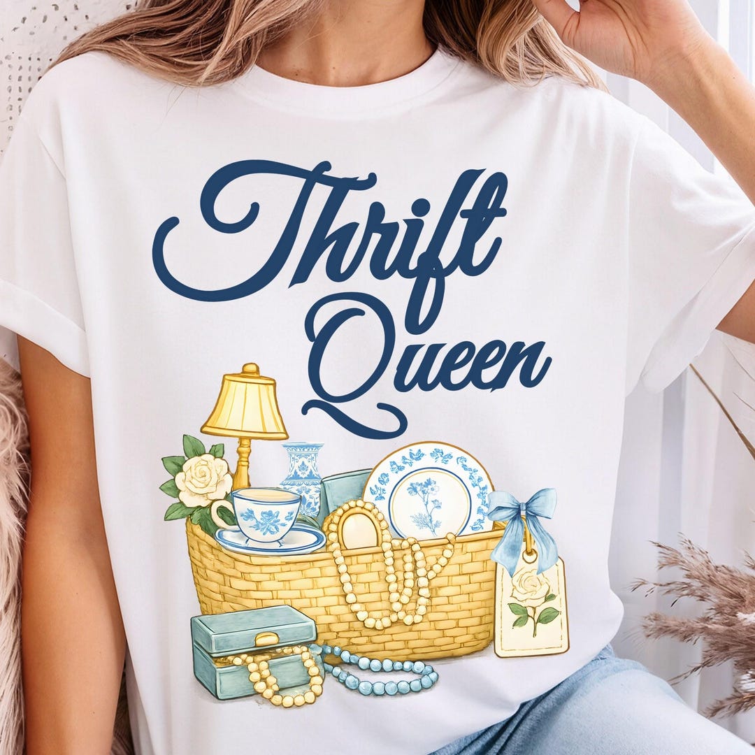 Thrift Queen PNG Retro Sublimation Design Thrifting Shirt Graphics Blue ...