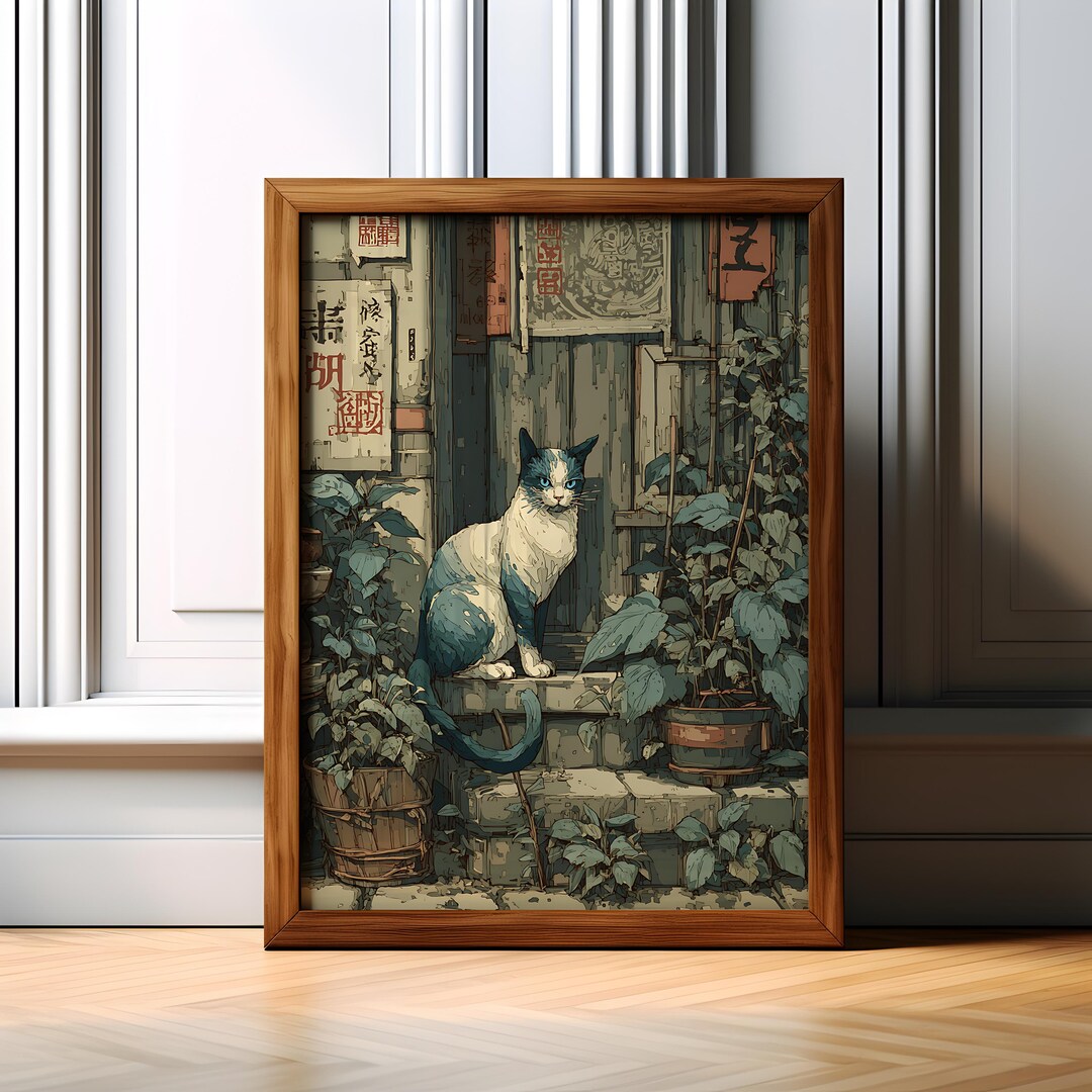 Japanese Cat Woodblock Print – Black and White Cat With Blue Eyes ...