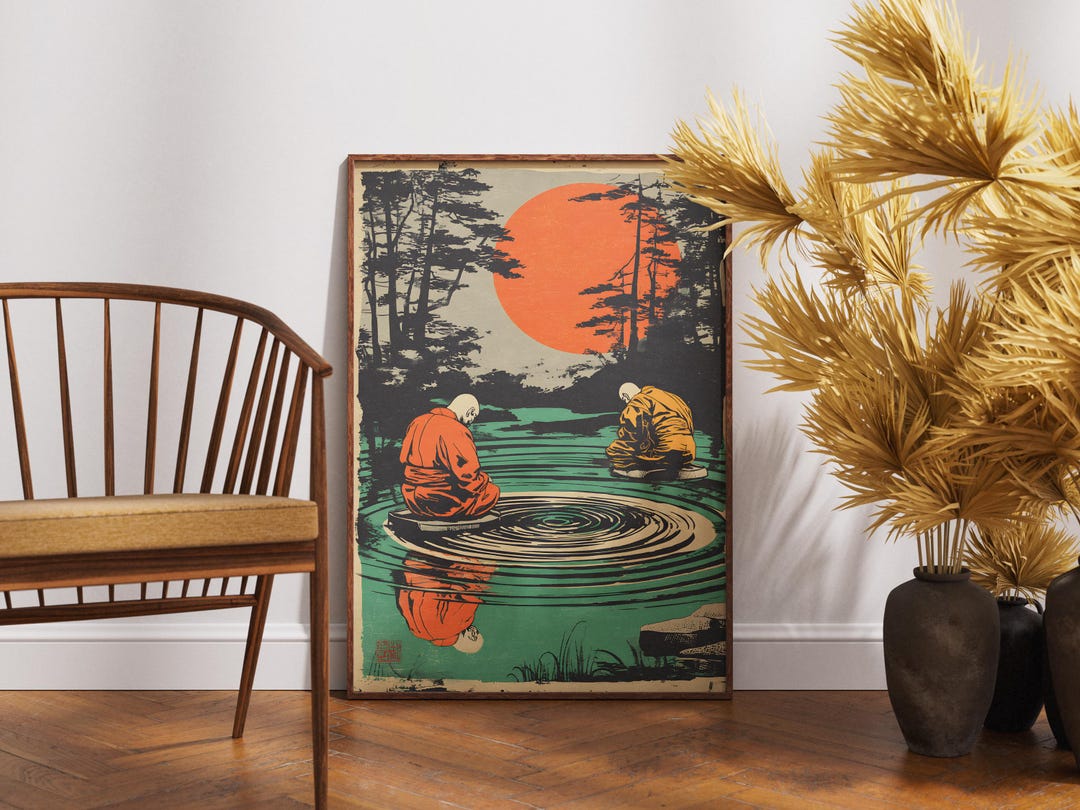 Zen Monk Wall Art Print – Contemporary Painting of Two Monks by River ...