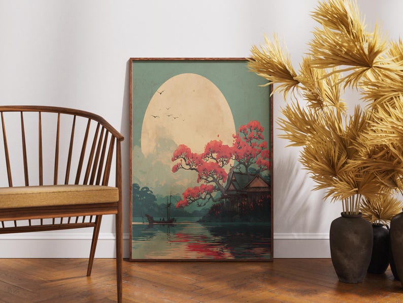 Ukiyo-e Japanese River House Print – Cherry Blossom & Moon Art - Etsy