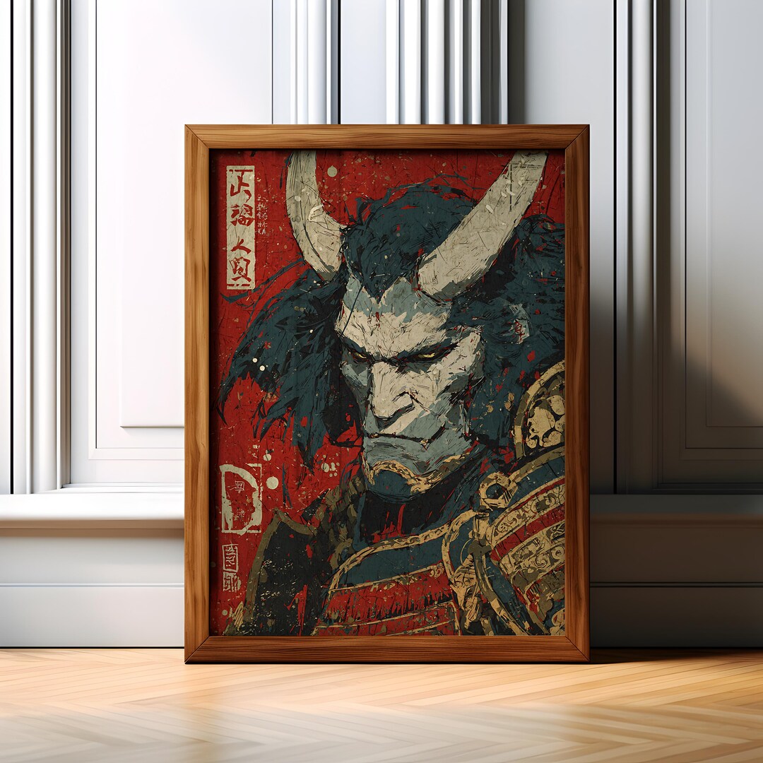 Demon Samurai Poster – Japanese Oni Warrior Art Print, Red White Blue ...