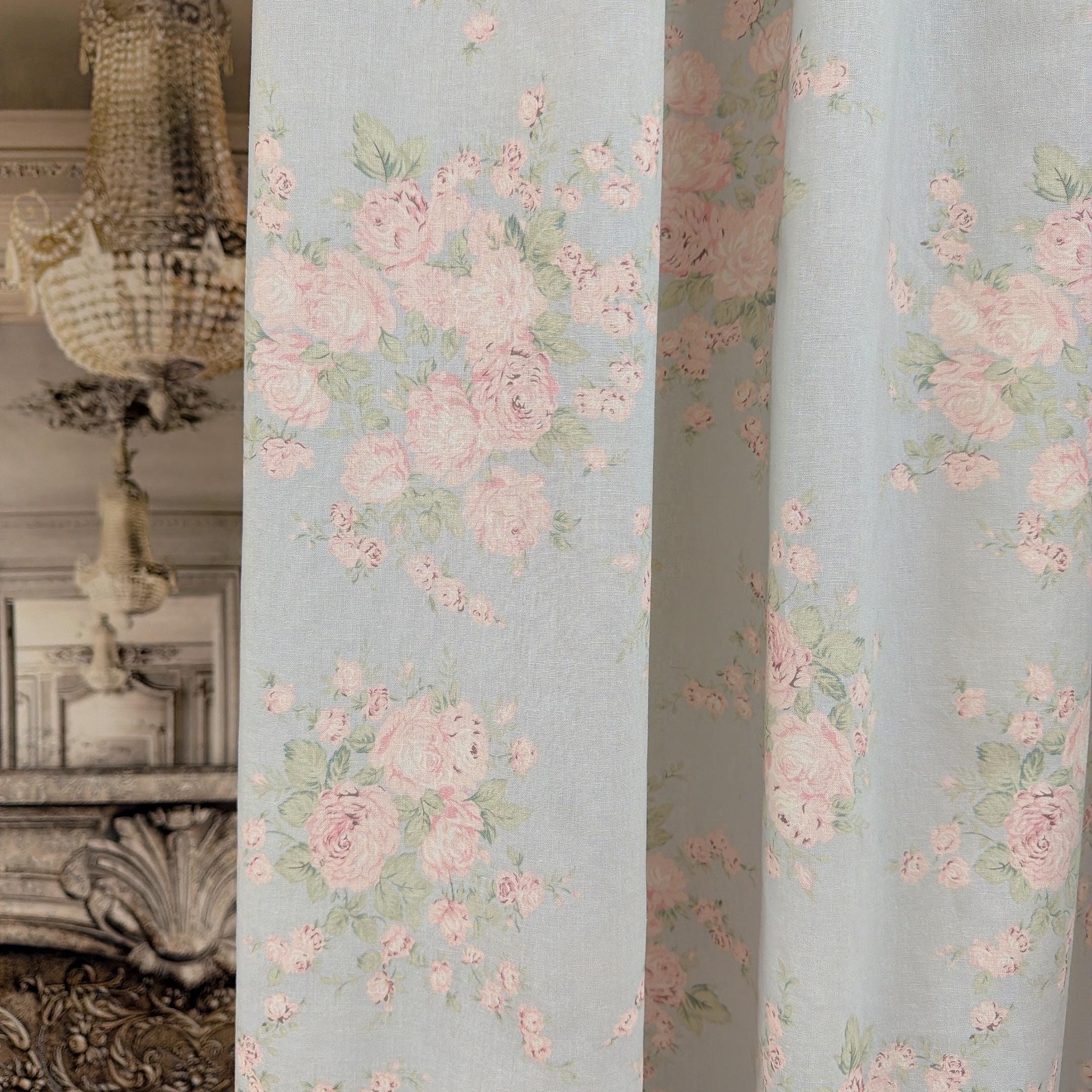 Blush Pink Rose Floral Linen Blend Curtains, Dusty Powder Blue Custom ...
