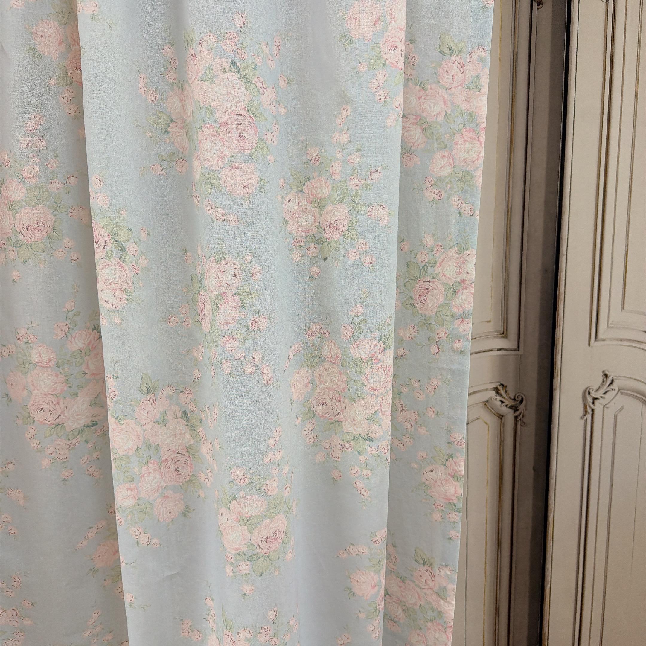 Blush Pink Rose Floral Linen Blend Curtains, Dusty Powder Blue Custom ...
