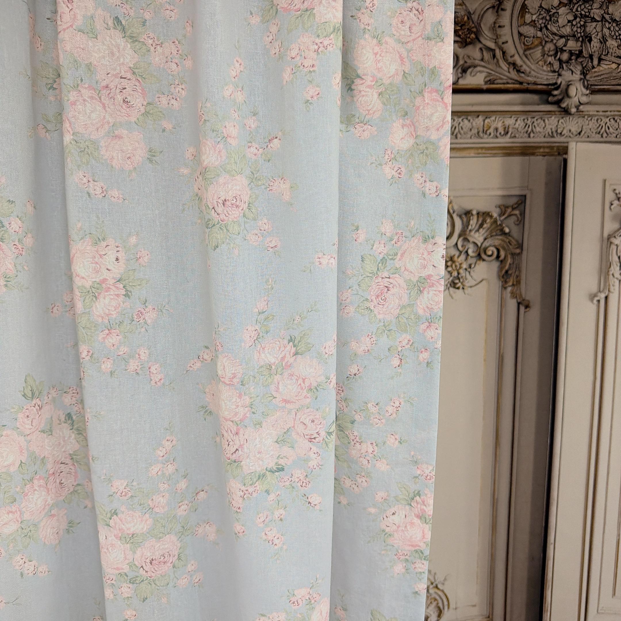 Blush Pink Rose Floral Linen Blend Curtains, Dusty Powder Blue Custom ...