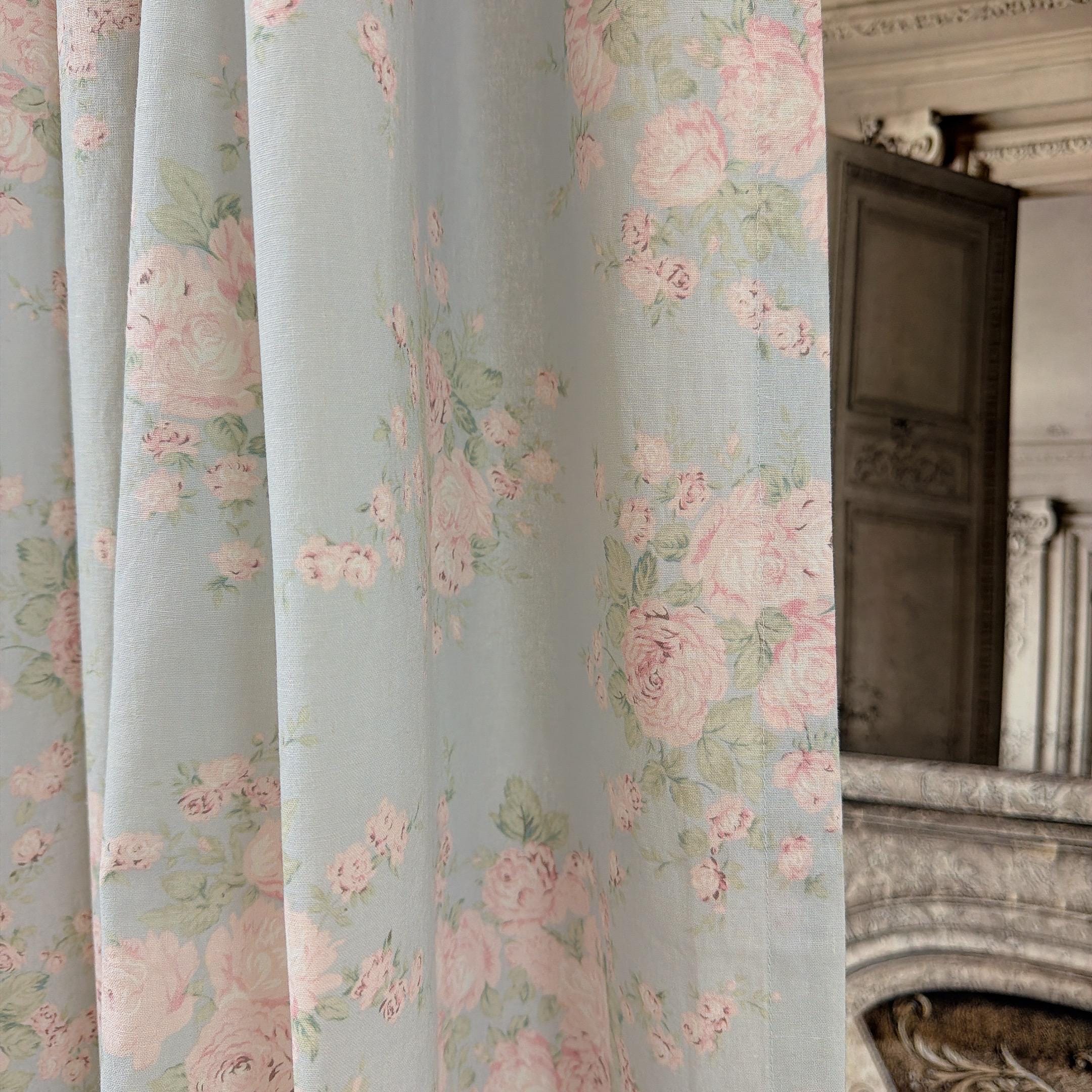 Blush Pink Rose Floral Linen Blend Curtains, Dusty Powder Blue Custom ...
