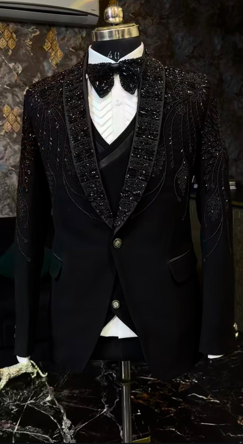 Luxury Black Hand-embroidered Tuxedo Suit for Men | Sequin Work Wedding ...