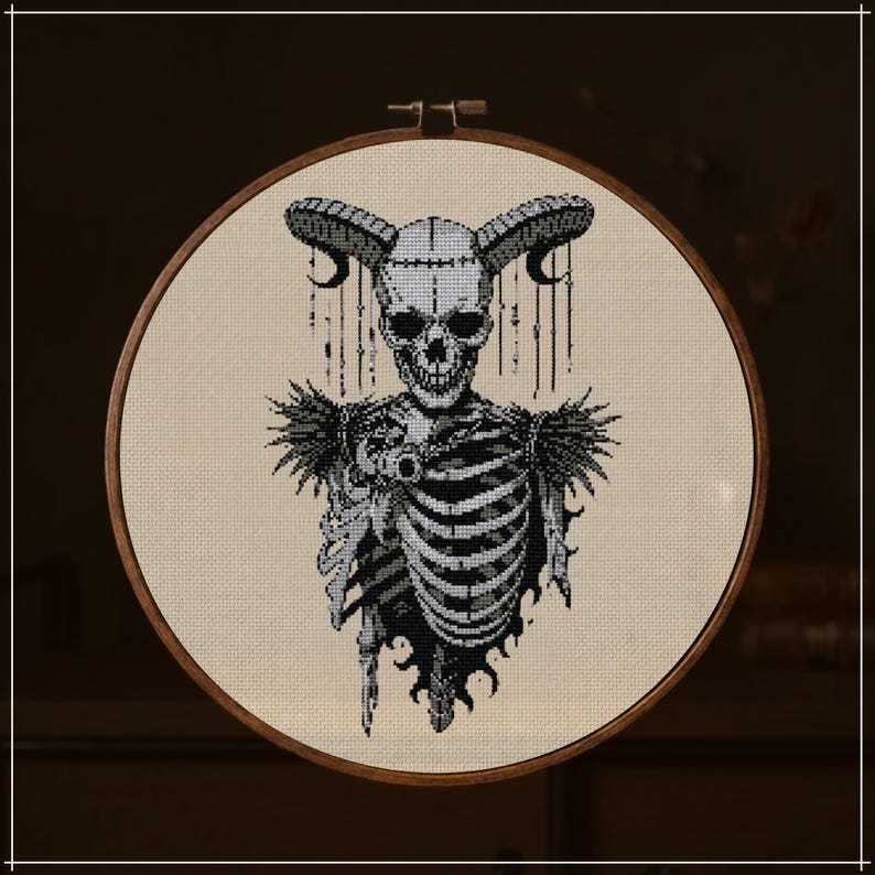 Gothic Cross Stitch Pattern, Horned Skeleton Skull, Dark Fantasy ...