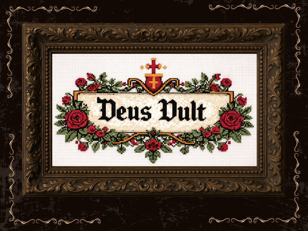 Deus Vult Medieval Cross Stitch Pattern Gothic Floral Frame Sampler ...