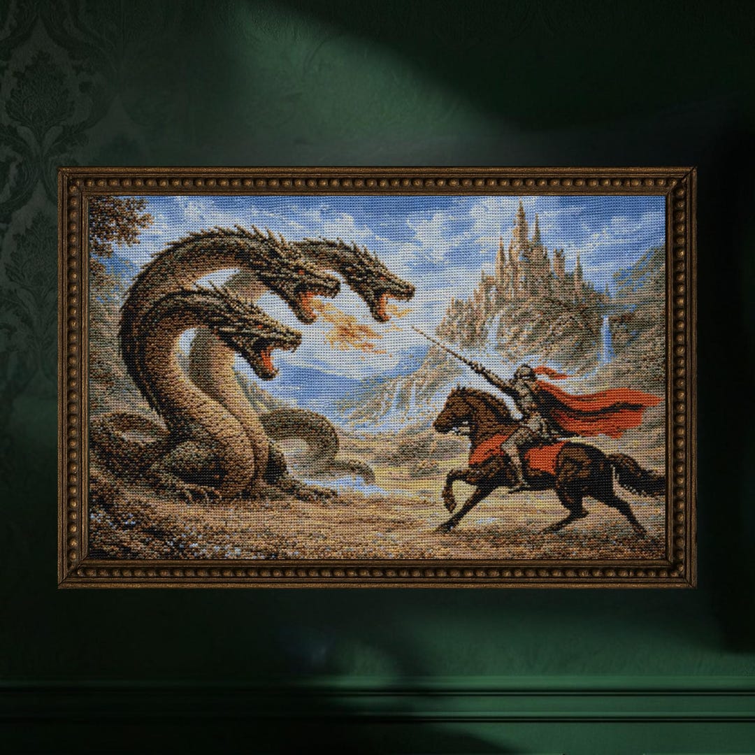 Medieval Hydra Battle Cross Stitch Pattern PDF, Epic Fantasy Dragon ...