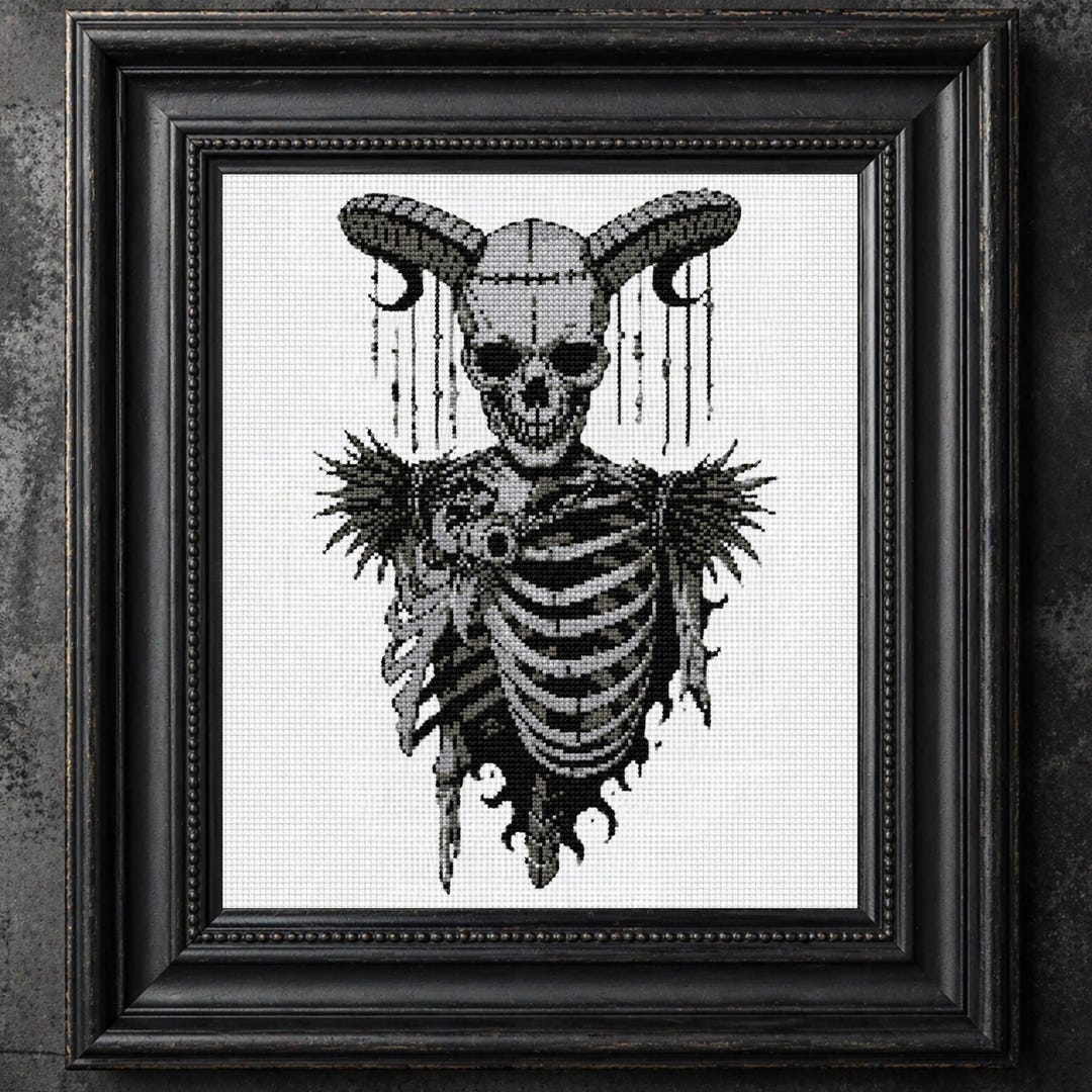 Gothic Cross Stitch Pattern, Horned Skeleton Skull, Dark Fantasy ...