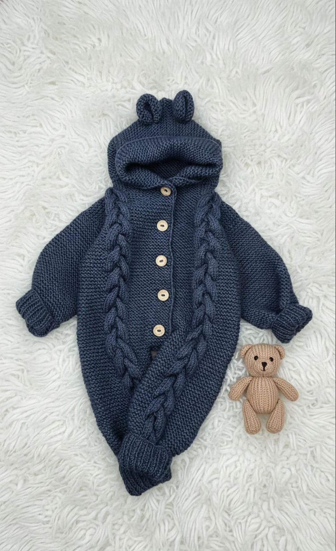 Hand-knitted Baby Romper, Cable Knit, Unisex Winter Outfit, Button ...