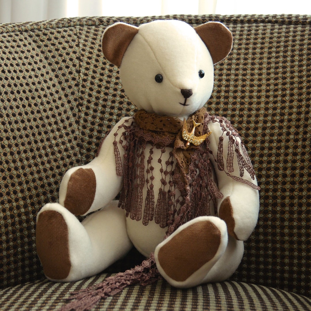 15" Cloth Teddy Bear in Wool With Fringed Scarf Ready to Ship - Etsy