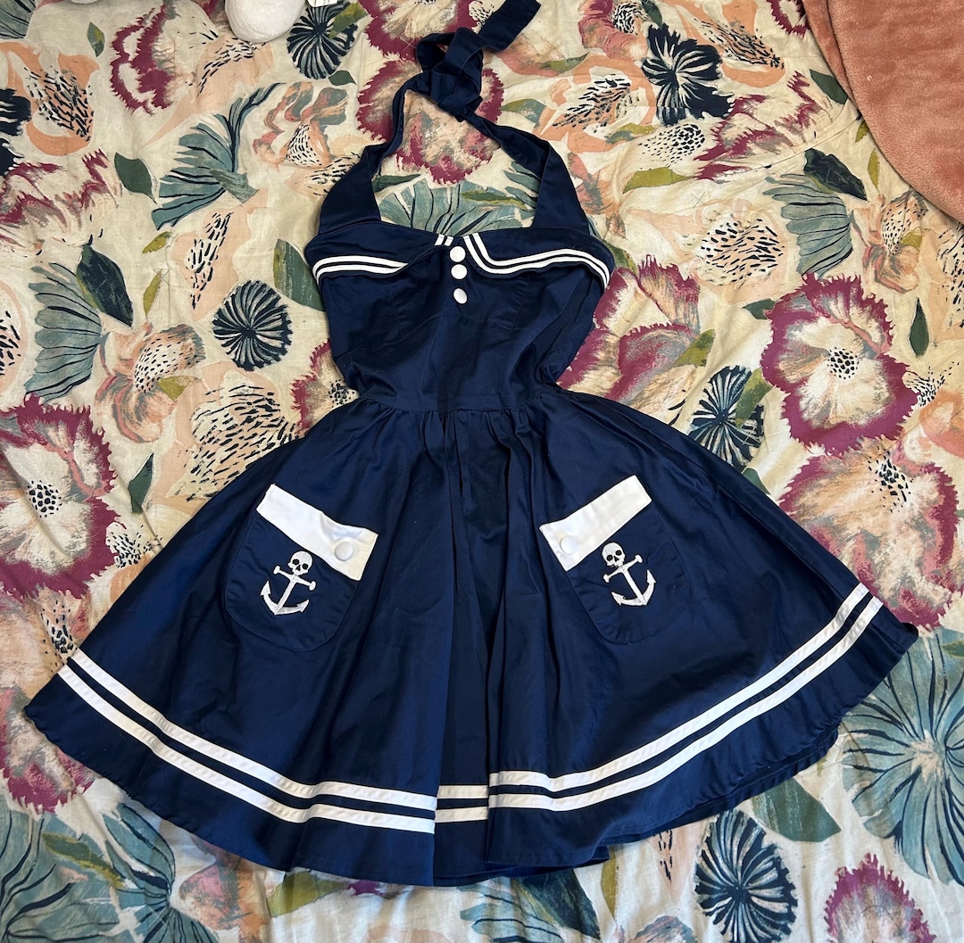Hell Bunny Vixen Blue Skull Anchor Sailor Nautical Gothic Halter Dress ...