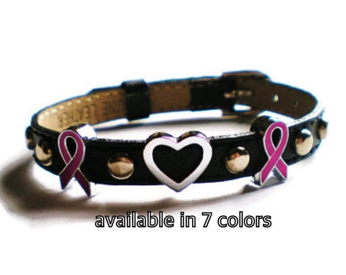 Leather Breast Cancer Awareness Bracelet - Breast Cancer Charm Bracelet ...