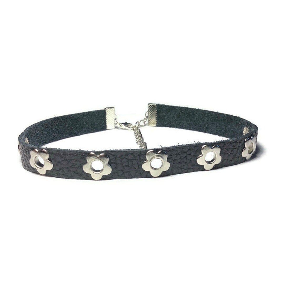 Flower Eyelet Studded Black Leather Choker: Punk Rocker Necklace - Etsy
