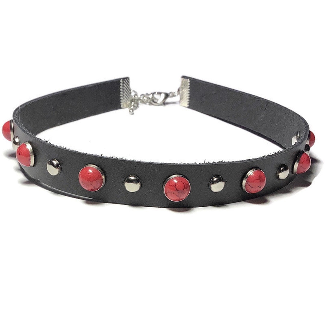 Red Studded Leather Choker, Black Choker, Punk Choker, Rocker Choker ...