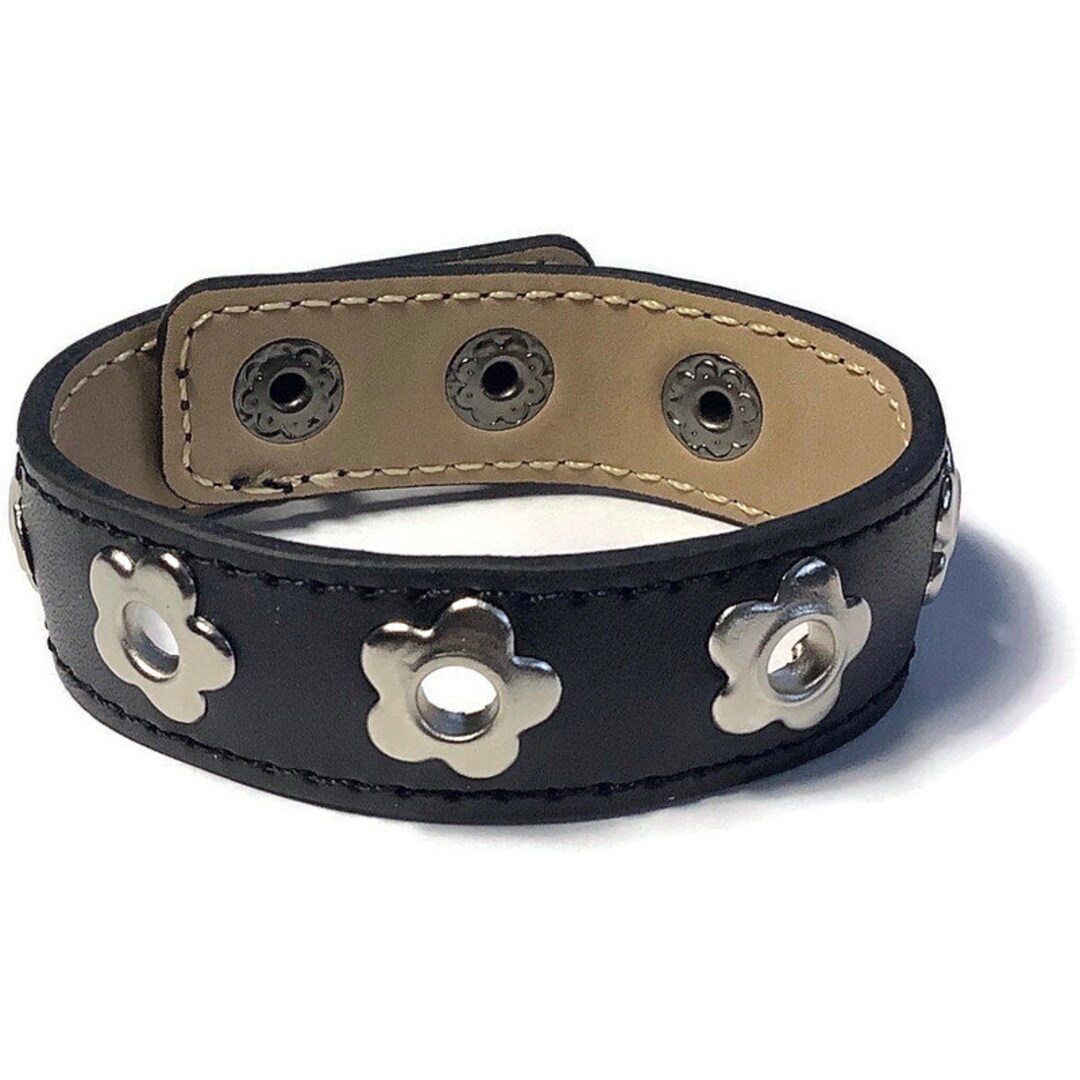 Flower Eyelet Black Leather Cuff Bracelet: Adjustable Studded Design - Etsy