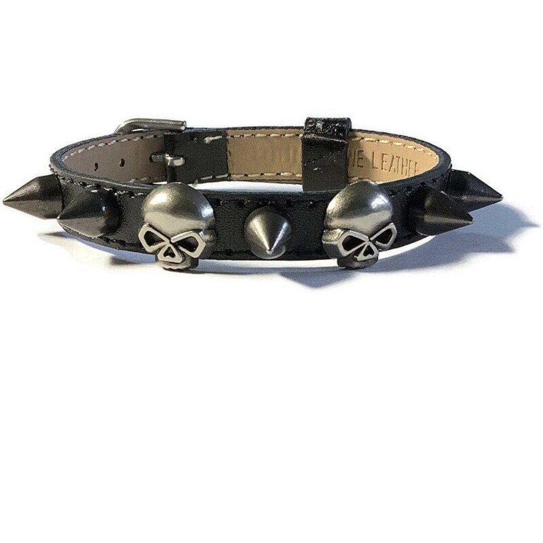 Spiked Skull Genuine Leather Wristband - Goth Buckle Bracelet - Etsy