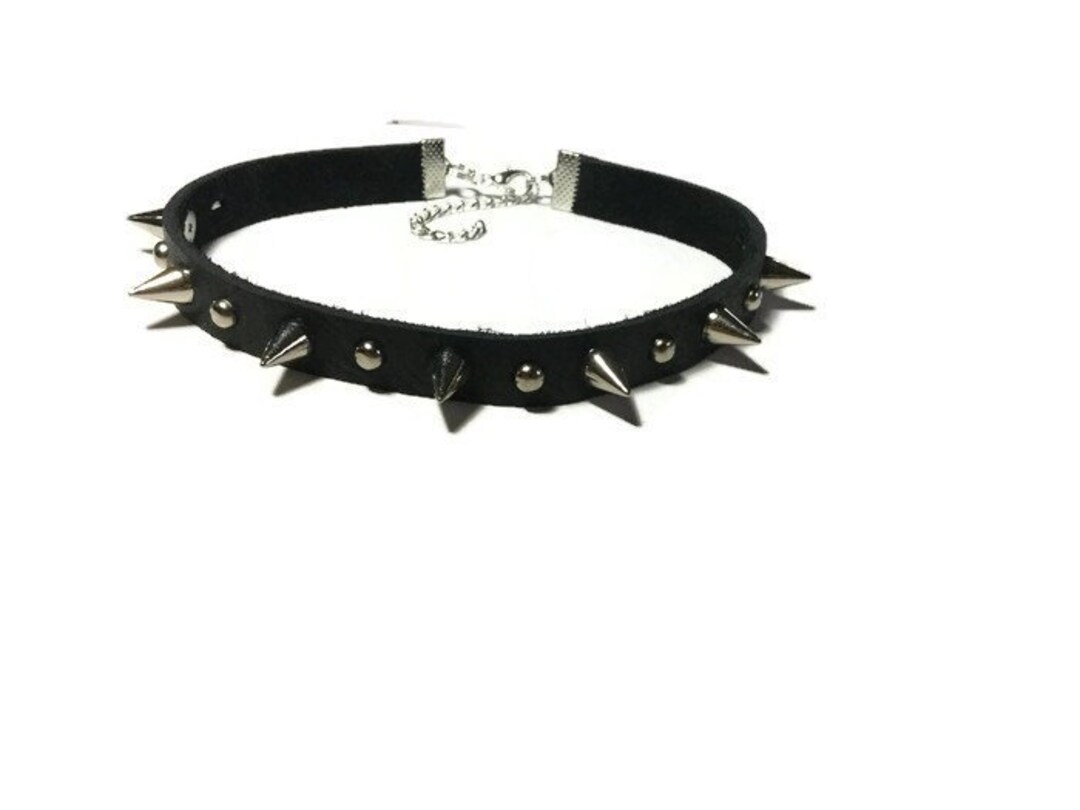 Silver Spike Leather Choker, Black Choker, Punk Choker, Rocker Choker ...
