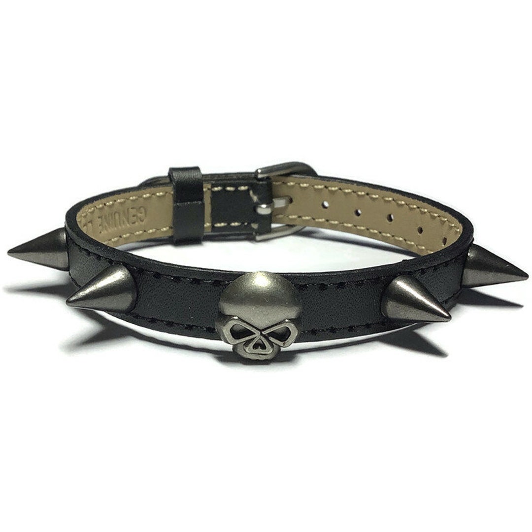 Gunmetal Spiked Skull and Spike Wristband - Studded Genuine Leather ...