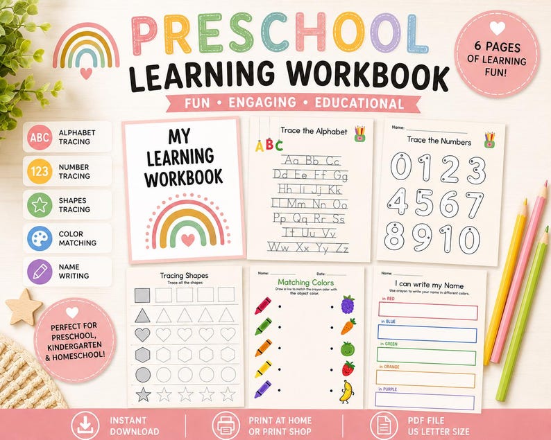 Preschool Activity Workbook | Alphabet, Numbers, Shapes, Colors (PDF ...