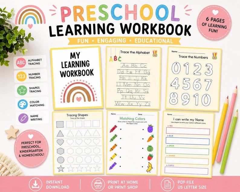 Preschool Activity Workbook | Alphabet, Numbers, Shapes, Colors (PDF ...