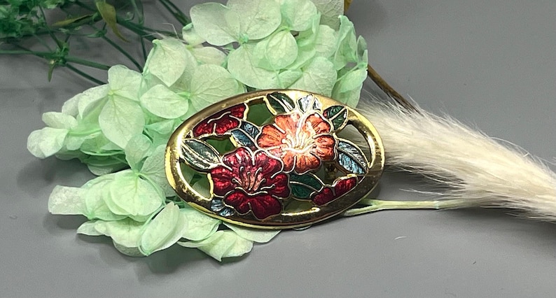Cloisonné Floral Brooch Gold Tone Oval Pin Colourful Enamel Flower ...