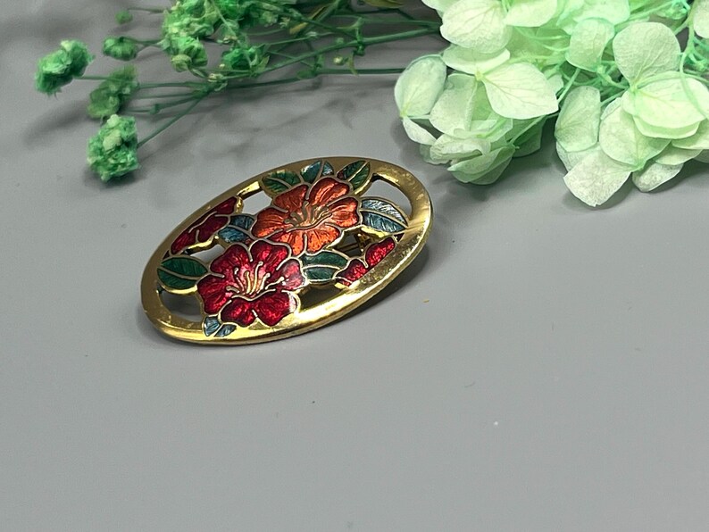 Cloisonné Floral Brooch Gold Tone Oval Pin Colourful Enamel Flower ...