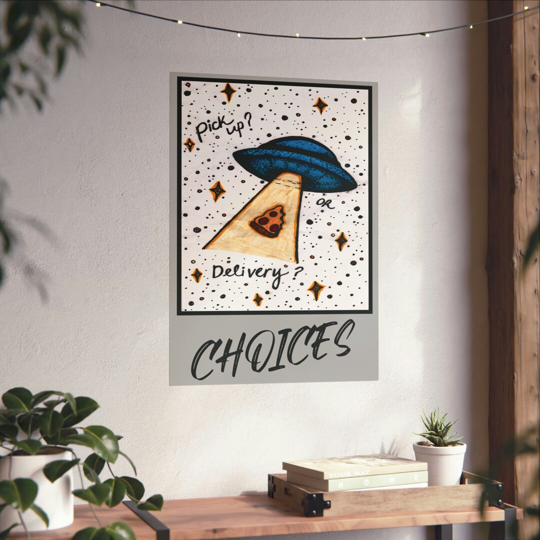 Whimsical Ufo/pizza Poster, Unframed With Gray Background, Flying ...