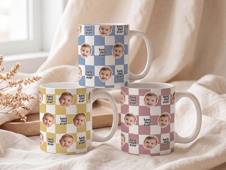 Personalized Baby Photo Dad Mug, Retro Checkerboard Design, Father's ...