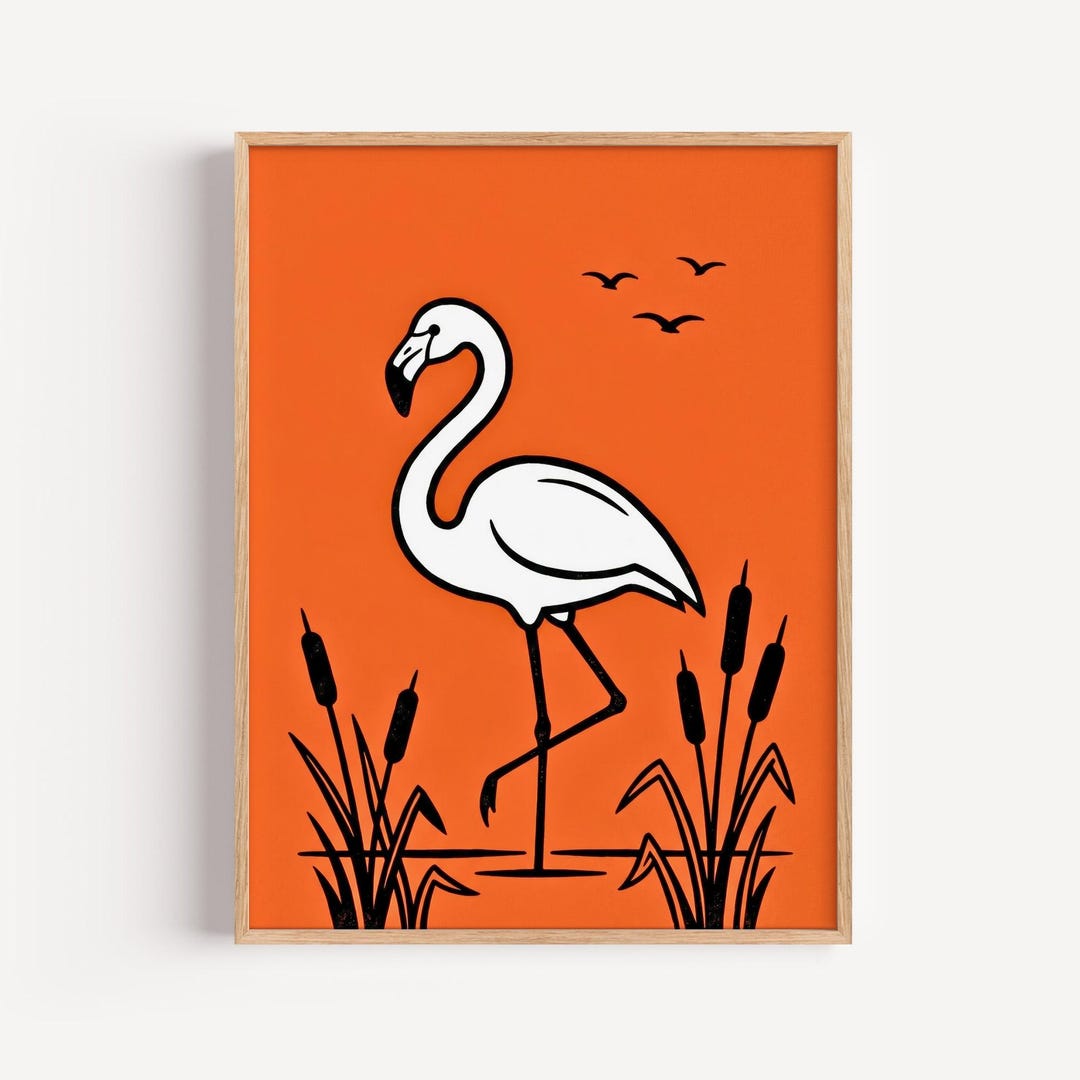 Minimalist White Flamingo Orange Pop Wall Art, Modern Tropical Bird ...