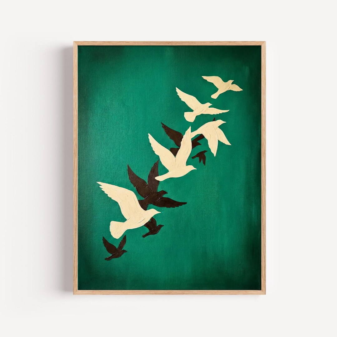 Emerald Green Japanese Bird Art, Minimalist Flock of Cranes Print ...