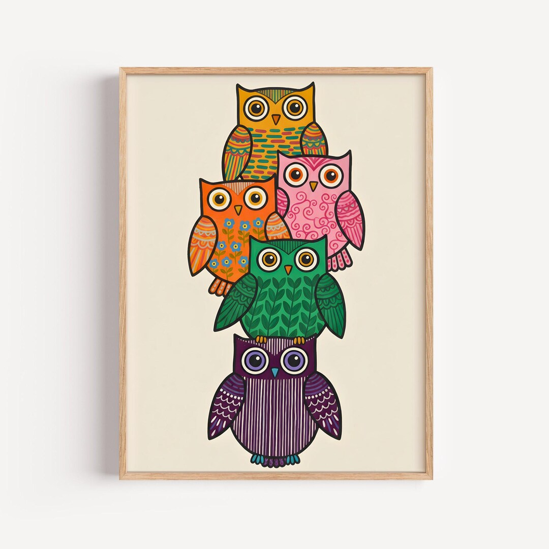 Colorful Stacked Owls Art Print, Mid Century Folk Art Poster, Whimsical ...