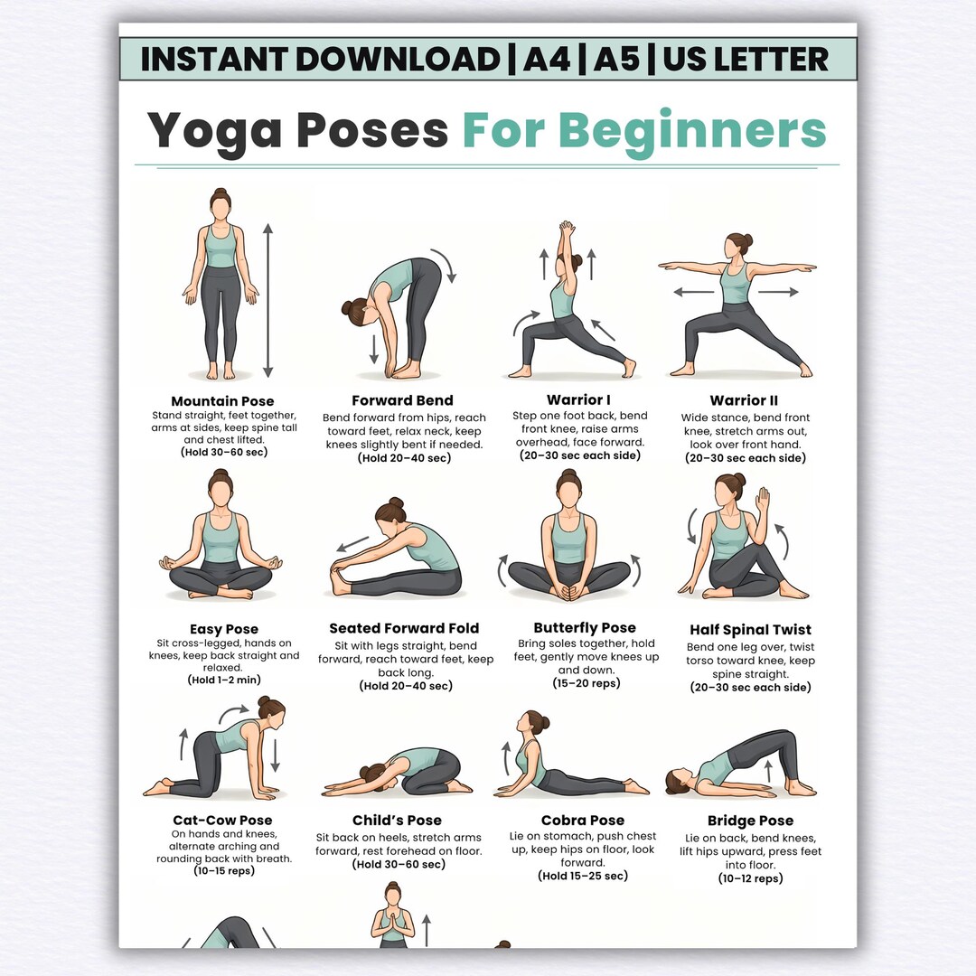 Printable Yoga Poses for Beginners Chart, 16 Asanas Yoga Routine PDF ...