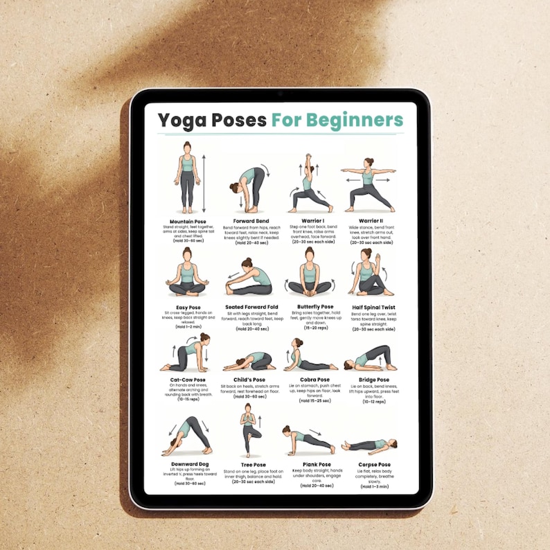 Printable Yoga Poses for Beginners Chart, 16 Asanas Yoga Routine PDF ...