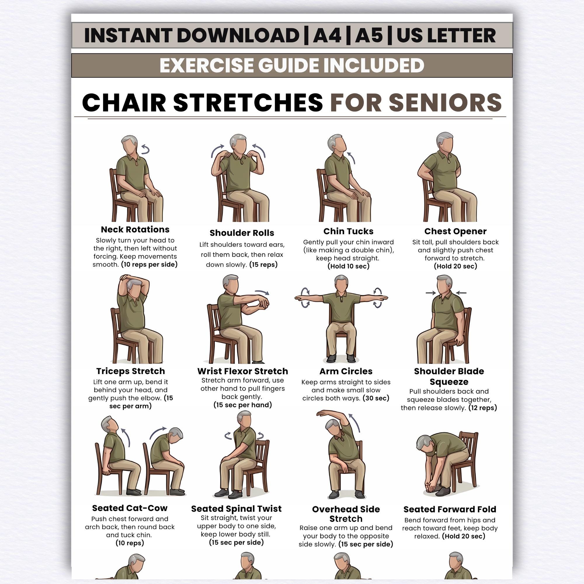 Printable Chair Stretches for Seniors, Seated Stretch Routine, Gentle ...