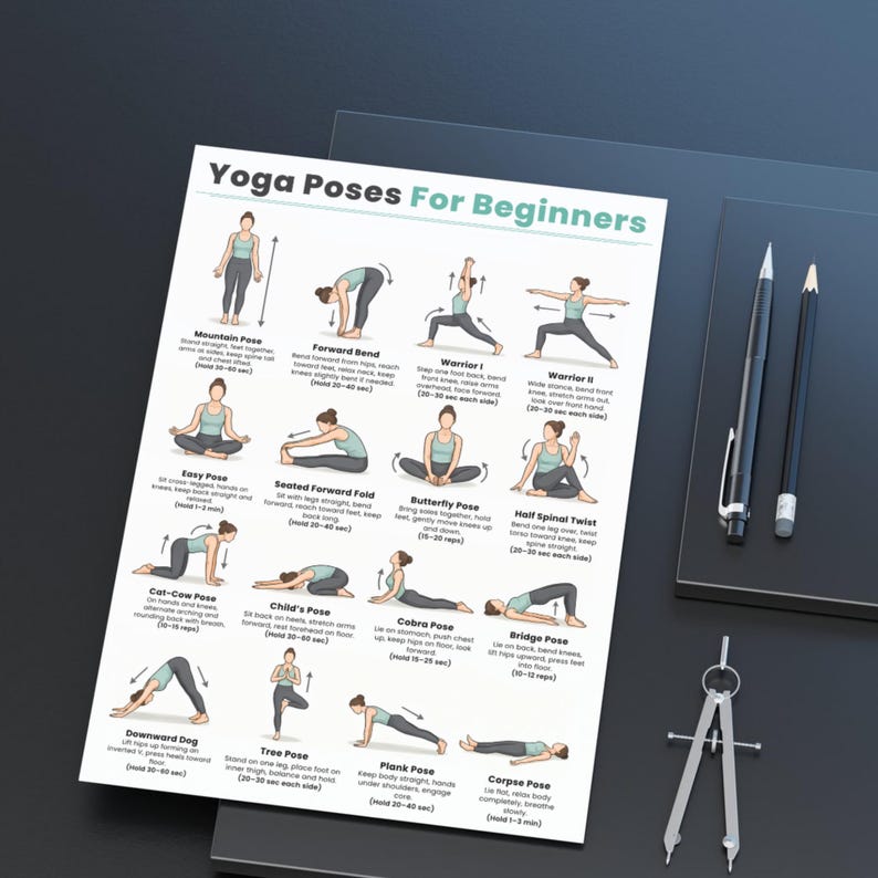 Printable Yoga Poses for Beginners Chart, 16 Asanas Yoga Routine PDF ...
