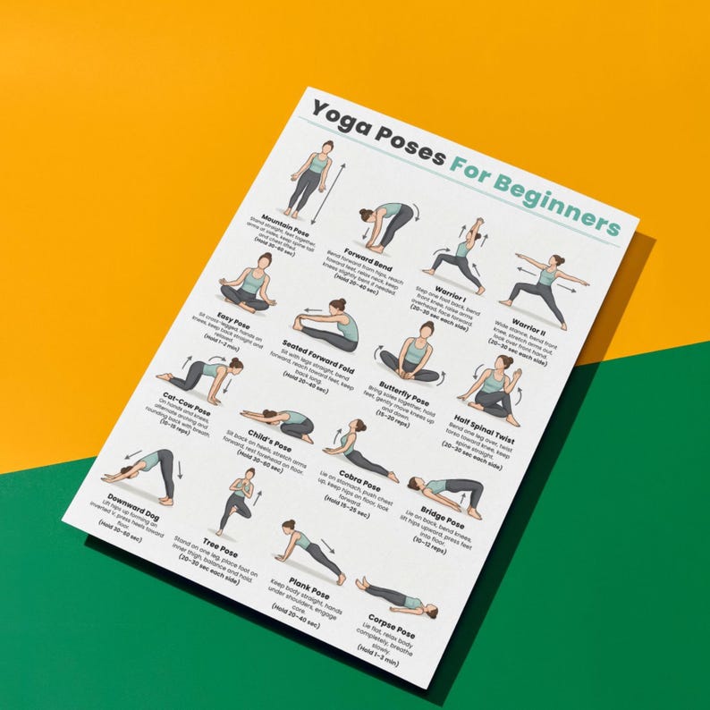Printable Yoga Poses for Beginners Chart, 16 Asanas Yoga Routine PDF ...