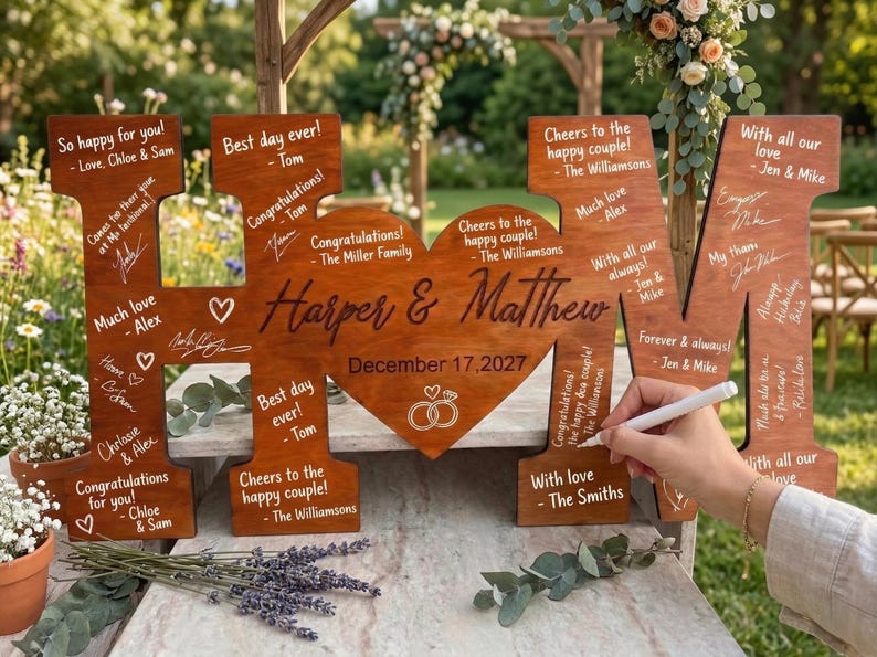 Custom Joined Initials Wedding Guest Book | Heart Monogram Welcome Sign ...