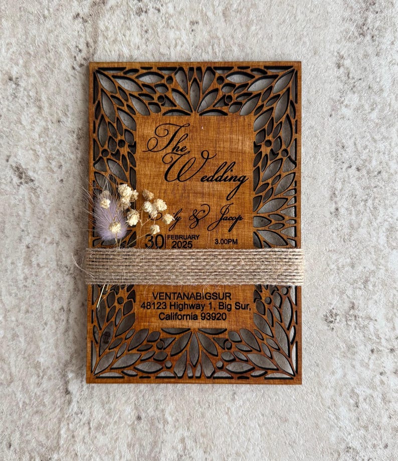 Wooden Wedding Invitation, Rustic Boho Wedding Invite With Dried ...