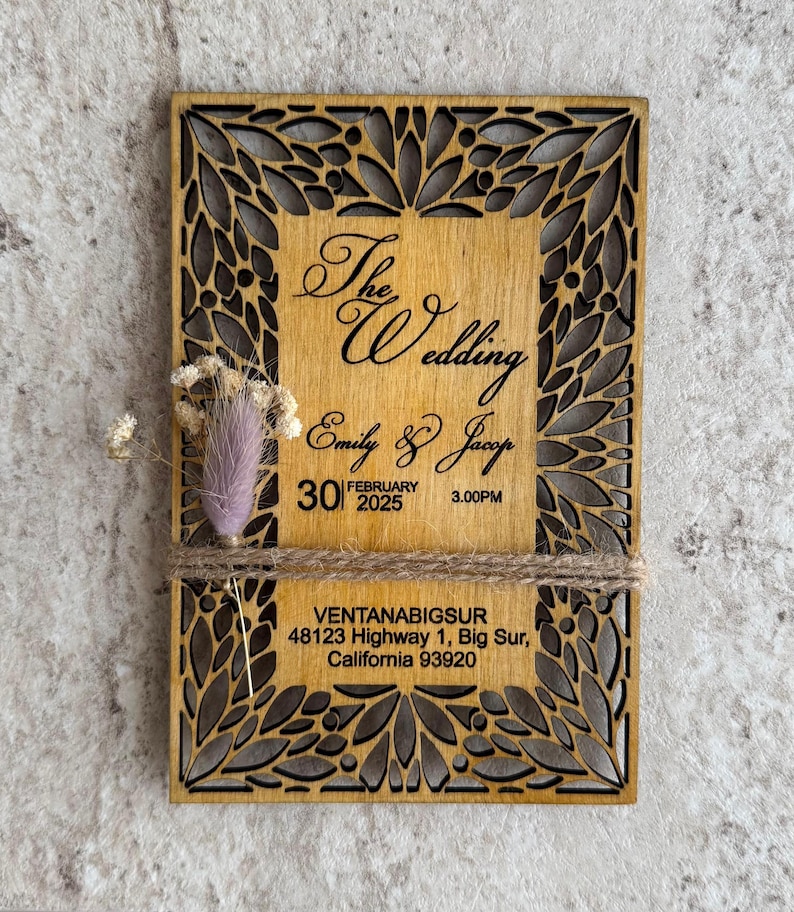 Wooden Wedding Invitation, Rustic Boho Wedding Invite With Dried ...