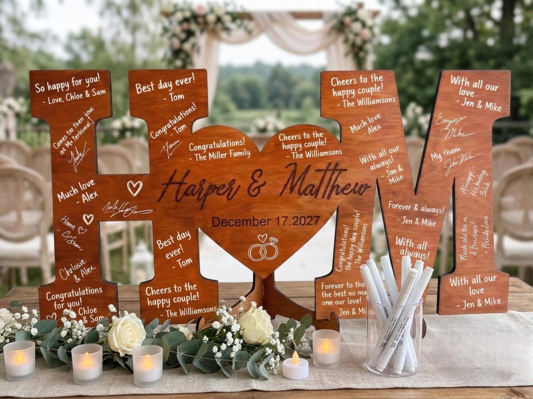 Custom Joined Initials Wedding Guest Book | Heart Monogram Welcome Sign ...