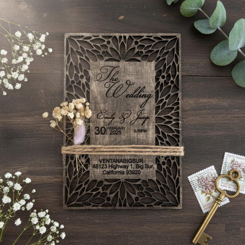 Wooden Wedding Invitation, Rustic Boho Wedding Invite With Dried ...
