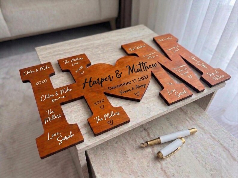 Custom Joined Initials Wedding Guest Book | Heart Monogram Welcome Sign ...